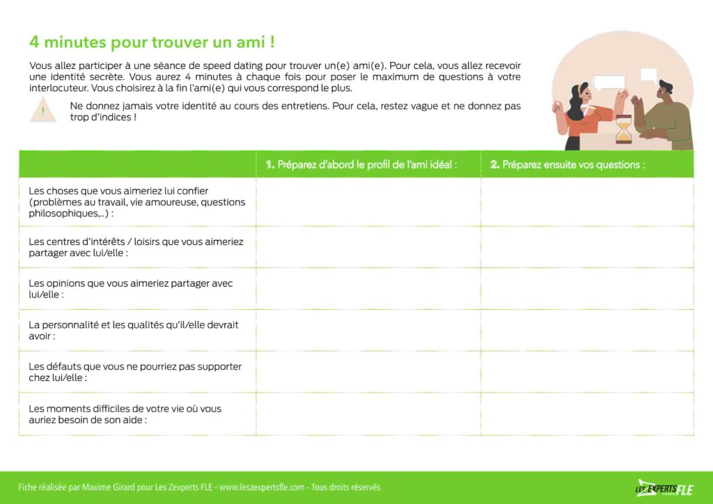 L'amitié en FLE (activité de speed dating) (A2/B1) - Les Zexperts FLE