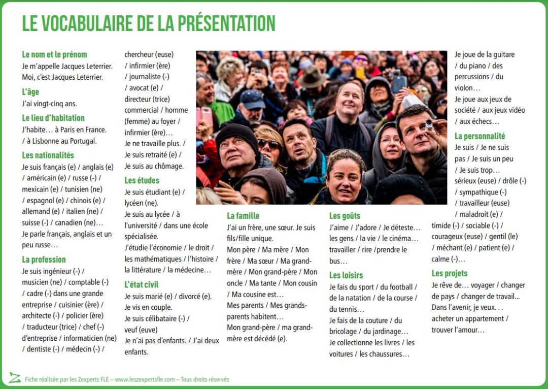 Liste de vocabulaire FLE - la présentation - Les Zexperts FLE
