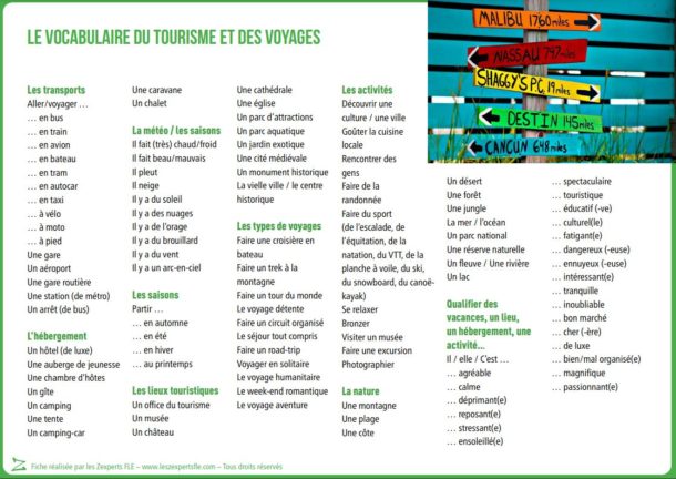 Liste de vocabulaire FLE - le tourisme et les voyages - Les Zexperts FLE