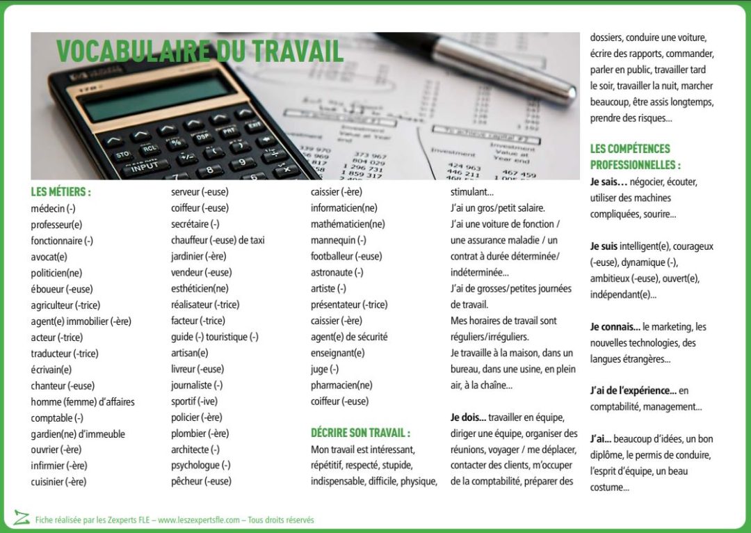 Liste de vocabulaire FLE - le travail - Les Zexperts FLE