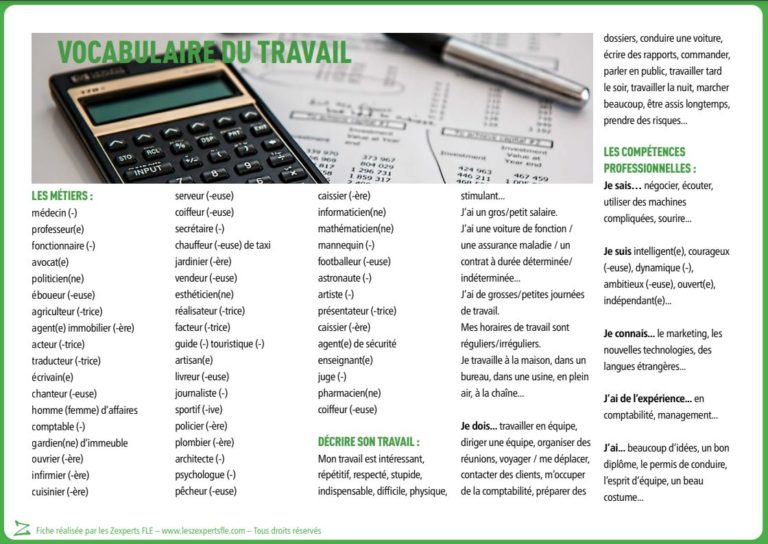 Liste de vocabulaire FLE - le travail - Les Zexperts FLE