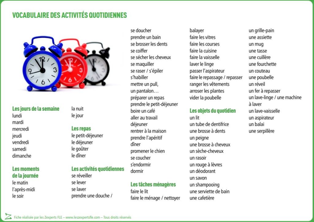 Liste de vocabulaire FLE - les activités quotidiennes - Les Zexperts FLE