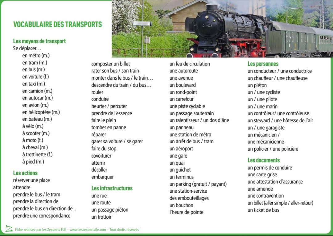 Liste de vocabulaire FLE - les transports - Les Zexperts FLE